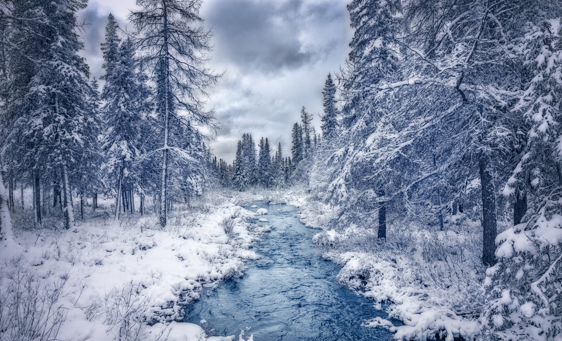Winter's Quiet Flow: 4K Ultra HD Snow-Covered Trees by the River