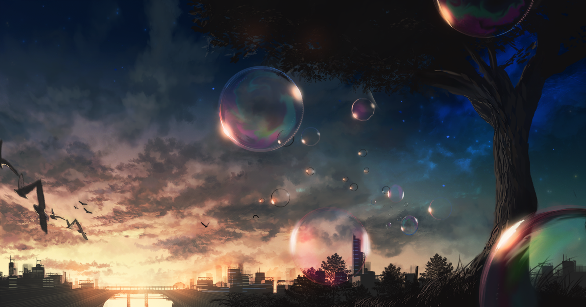 Dreamy Anime HD Wallpaper with Bubbles at Dusk | 2363x1241 | Wallpaper ...