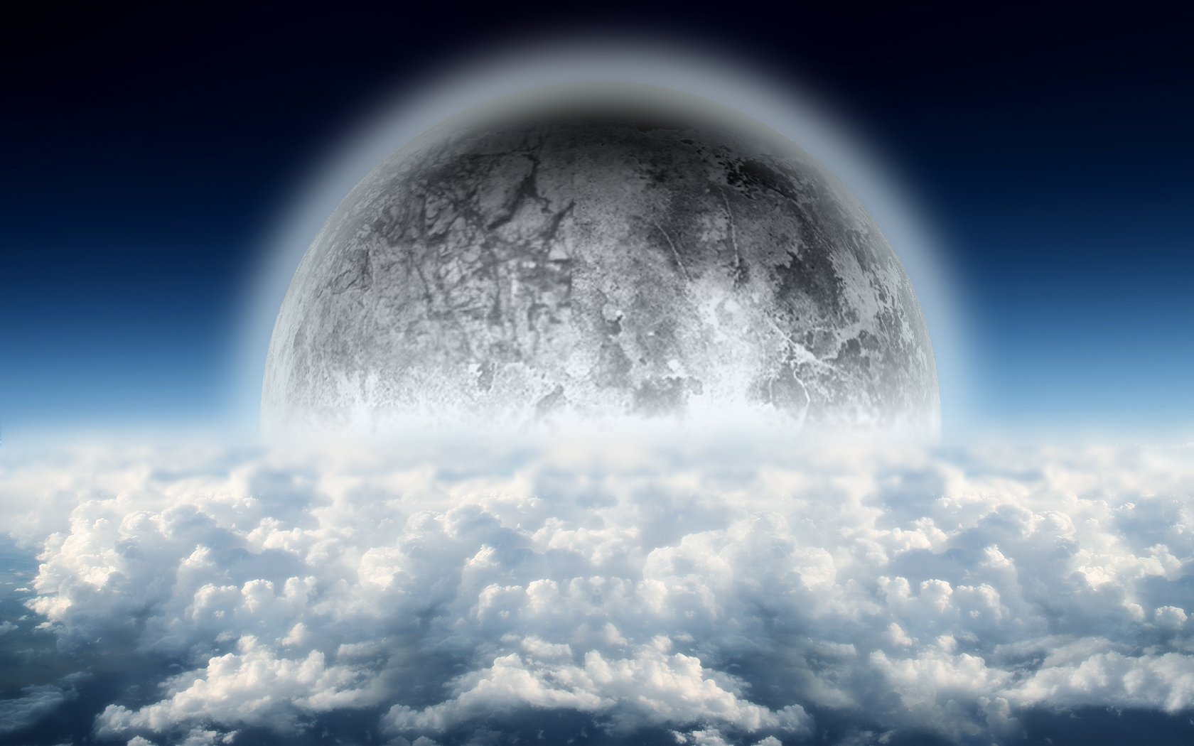 Surreal Planet Rising Through Cosmic Clouds – HD Space Art Wallpaper