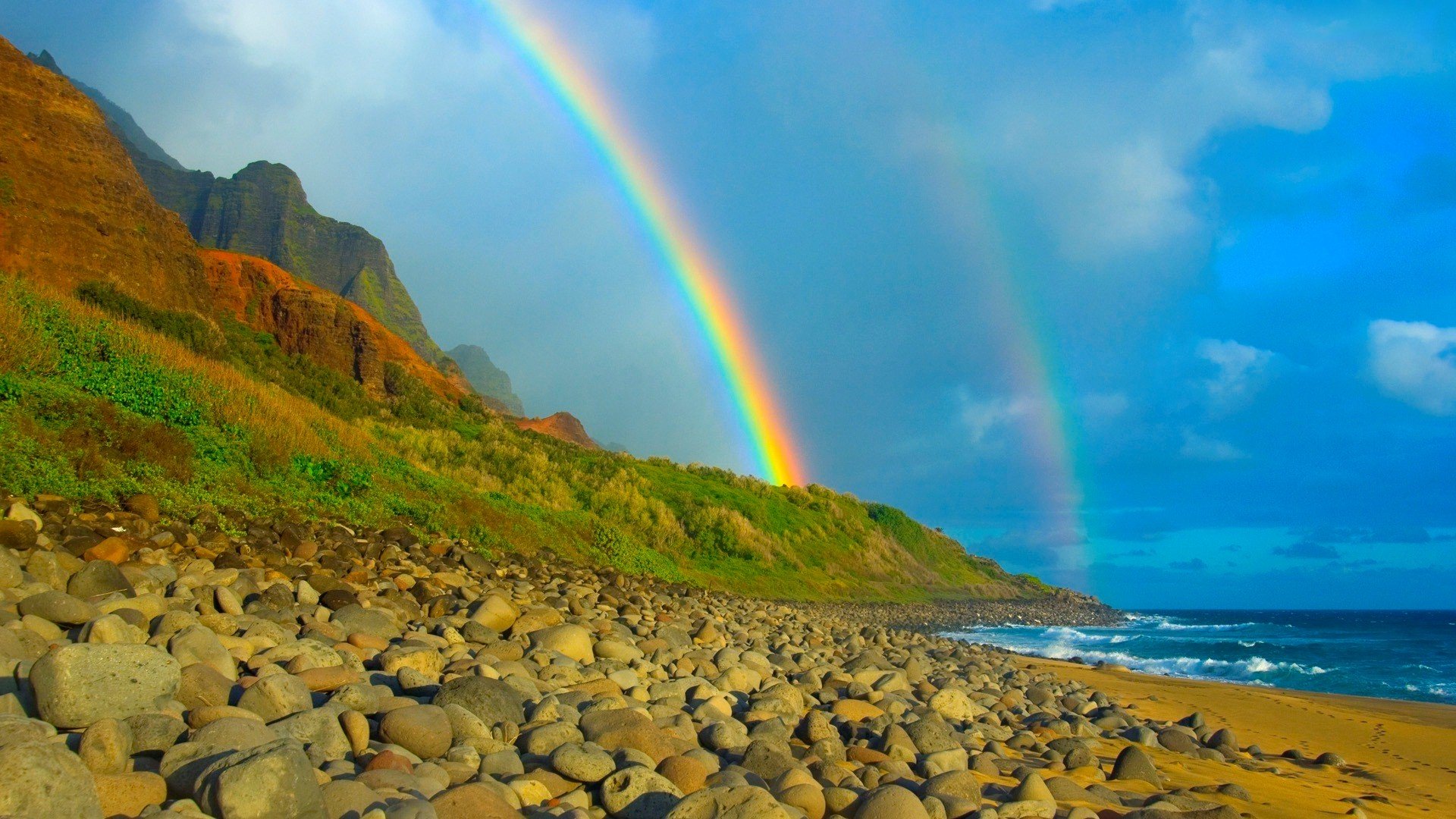 Stunning Ocean Coastline with Vibrant Rainbow - HD Nature Beach Wallpaper