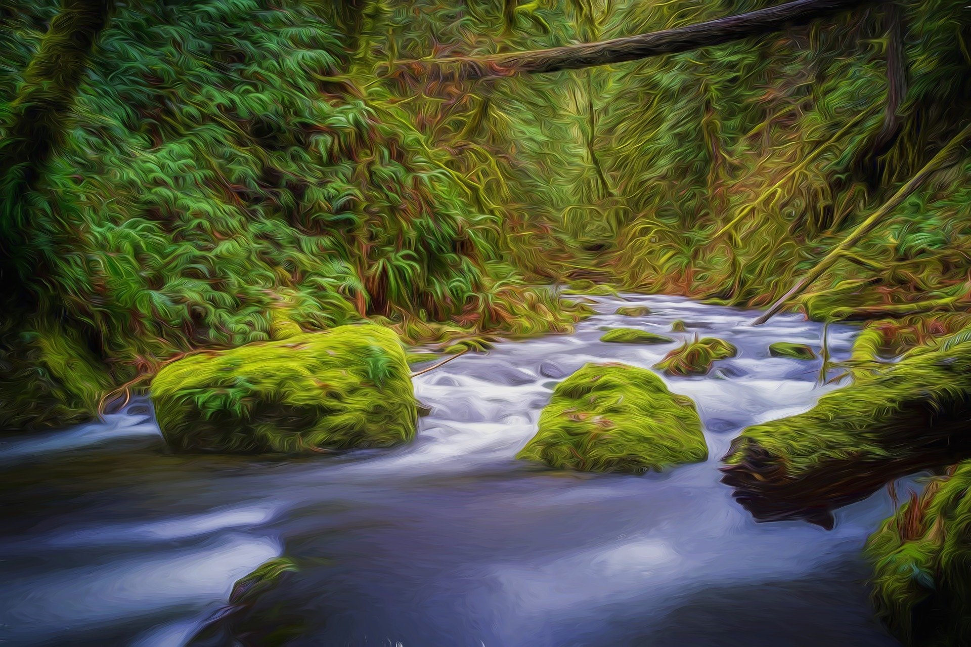 Lush Green Mossy Stream – HD Artistic Oil Painting Wallpaper