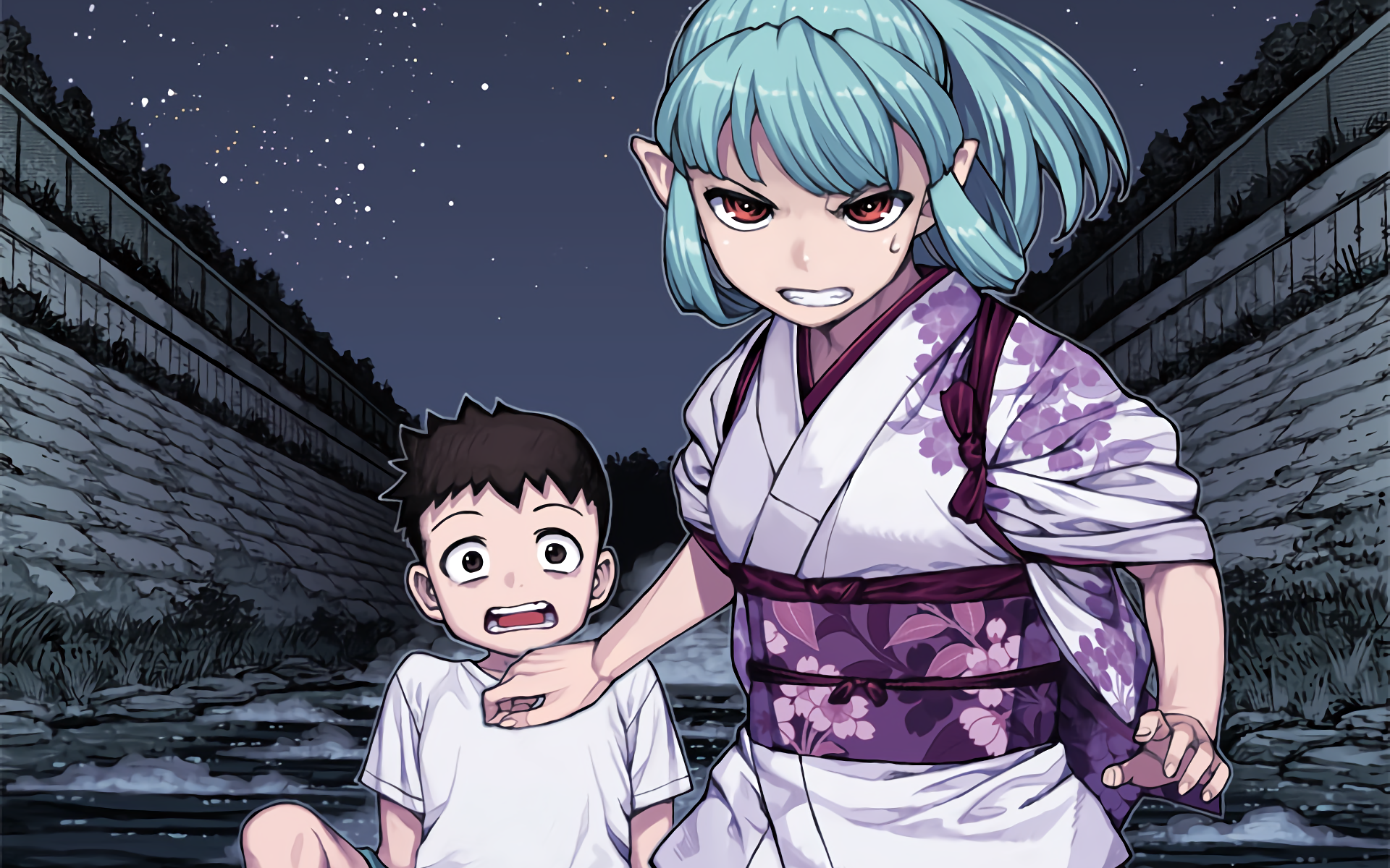 Tsugumomo Anime HD Wallpaper: Night Showdown under the Stars