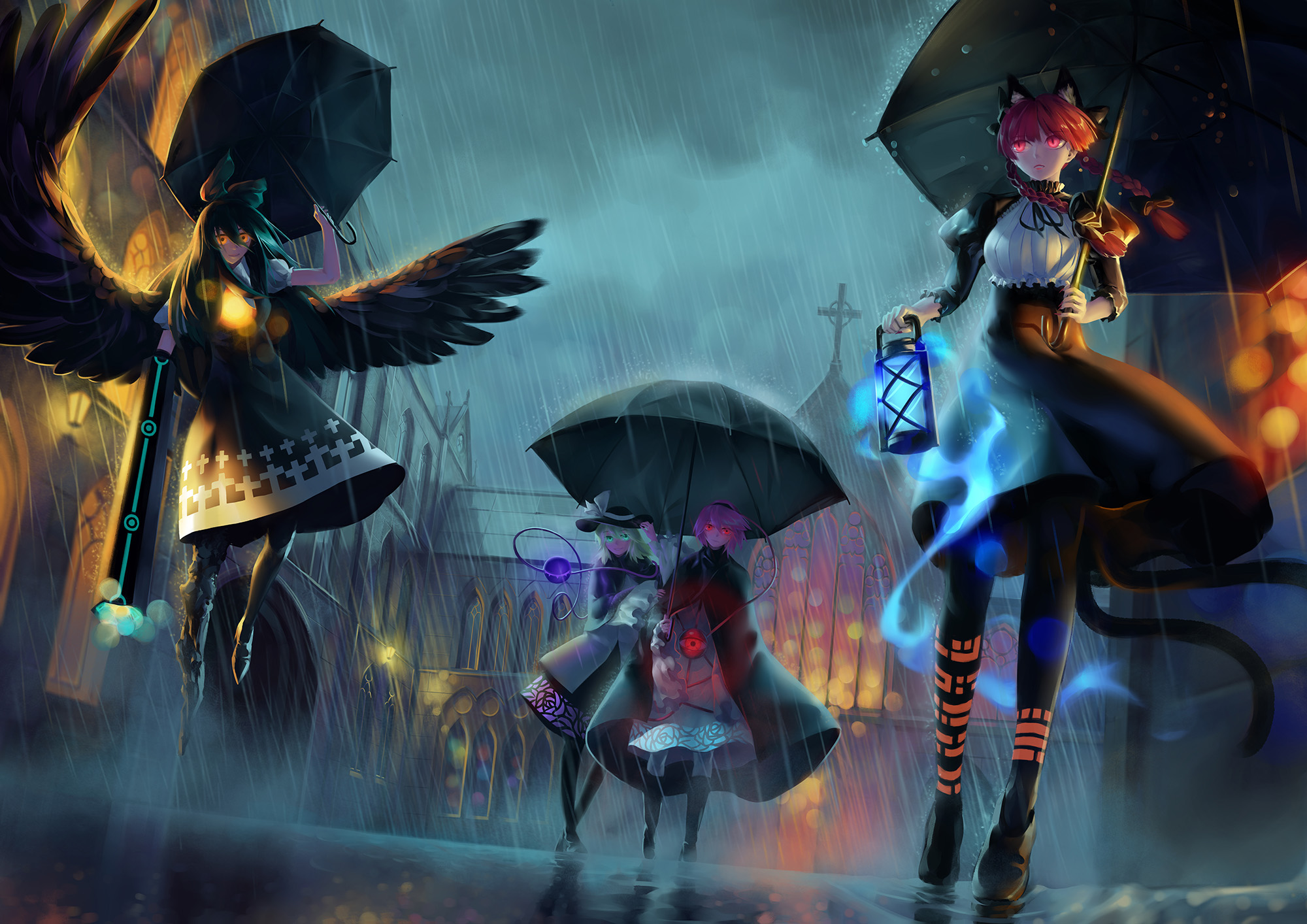 Touhou Guardians: Rin, Utsuho, Satori & Koishi in a Mystical Rainy ...