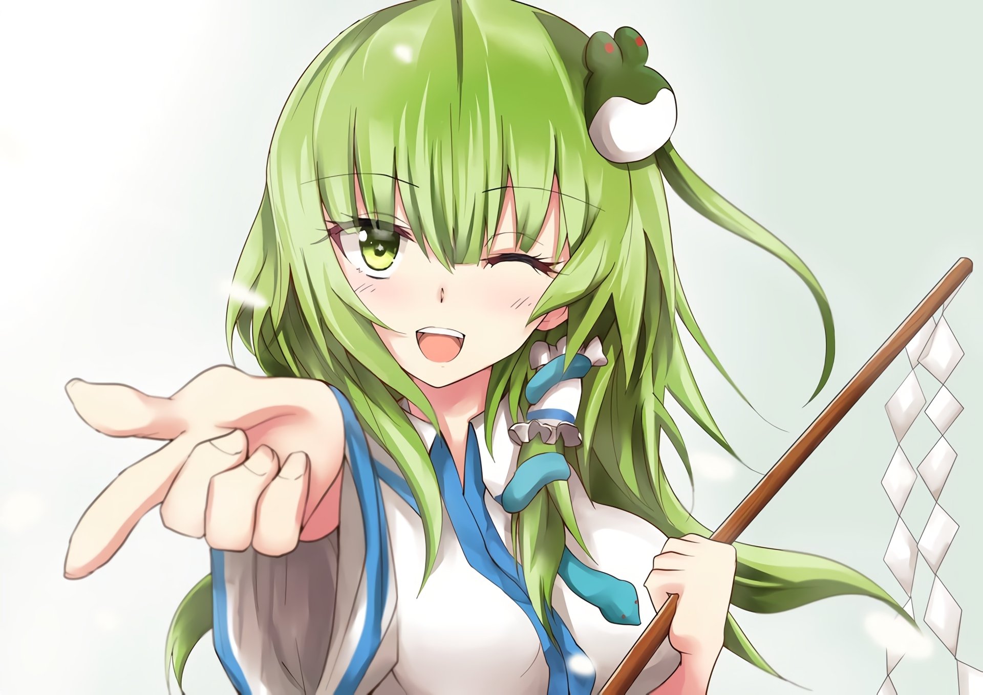 Sanae Kochiya — Winking Green-Haired Shrine Maiden with Emerald Eyes ...