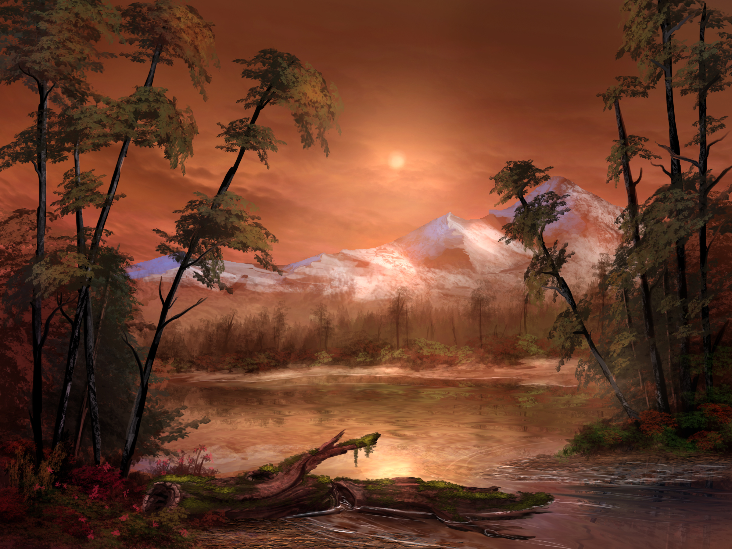 Download Lake Tree Sunset Mountain Landscape Artistic Painting HD Wallpaper