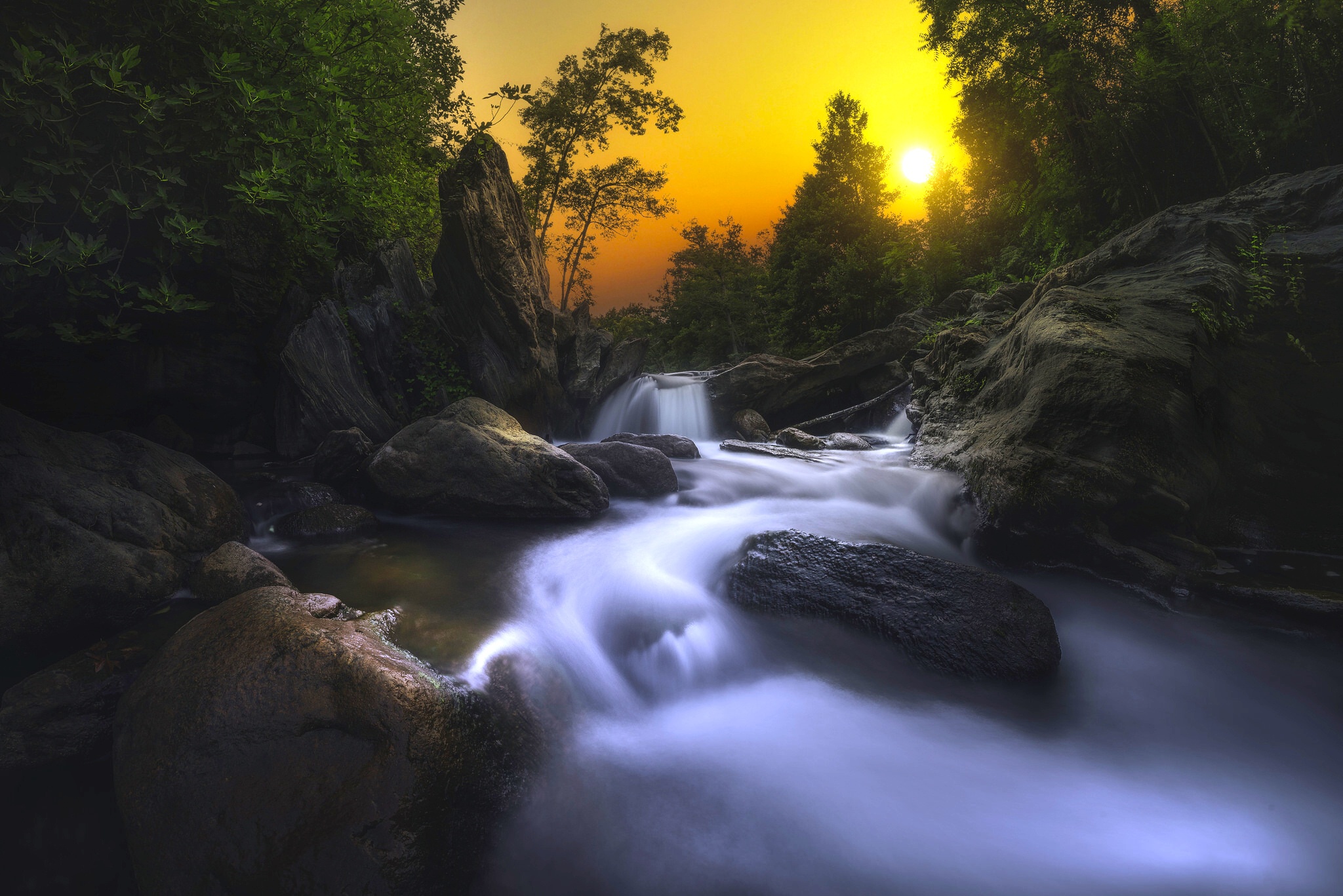Download Stream Sunset Foam Nature Waterfall HD Wallpaper