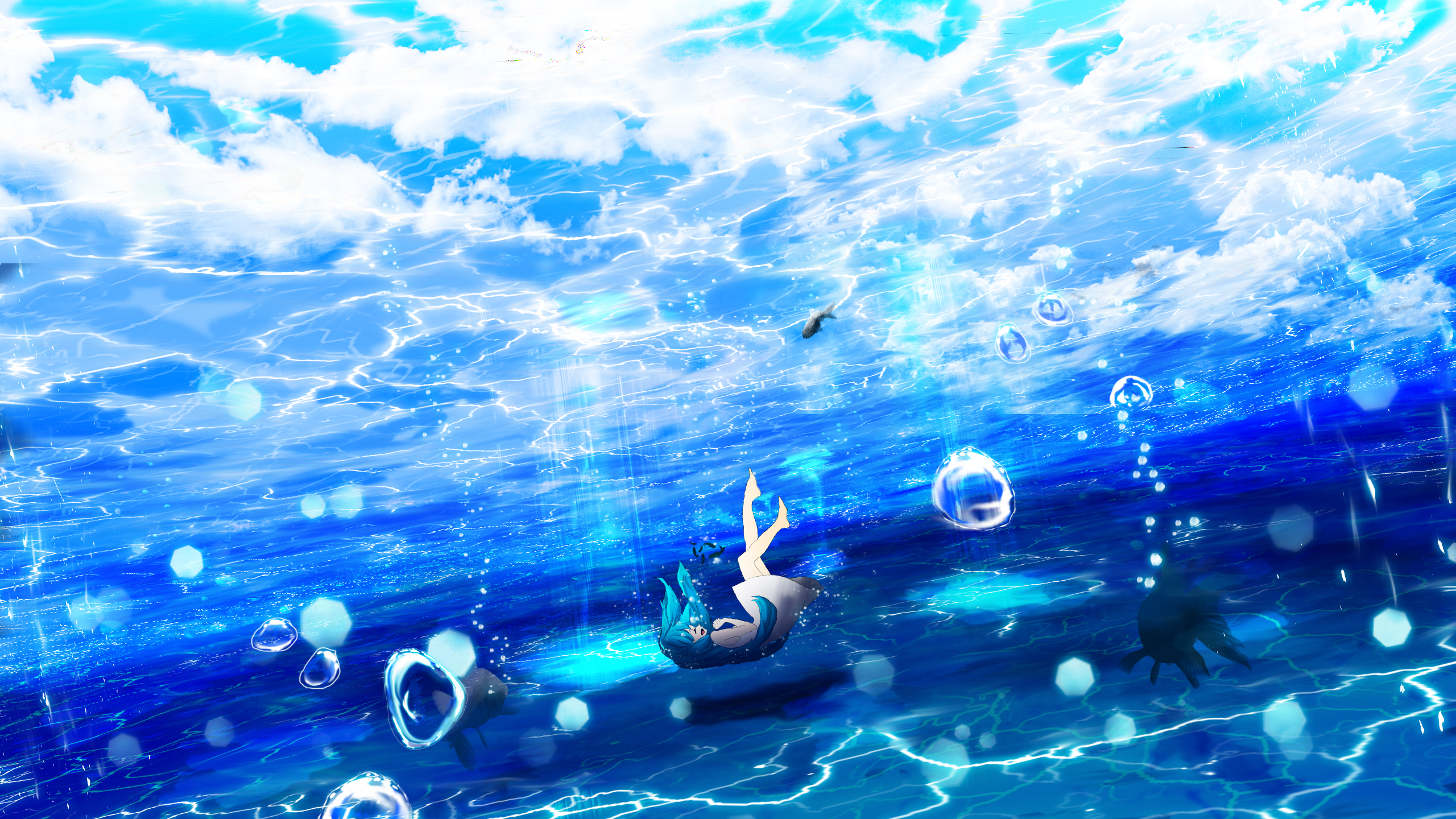 Download Fish Blue Hair Water Anime Original HD Wallpaper by Y_Y