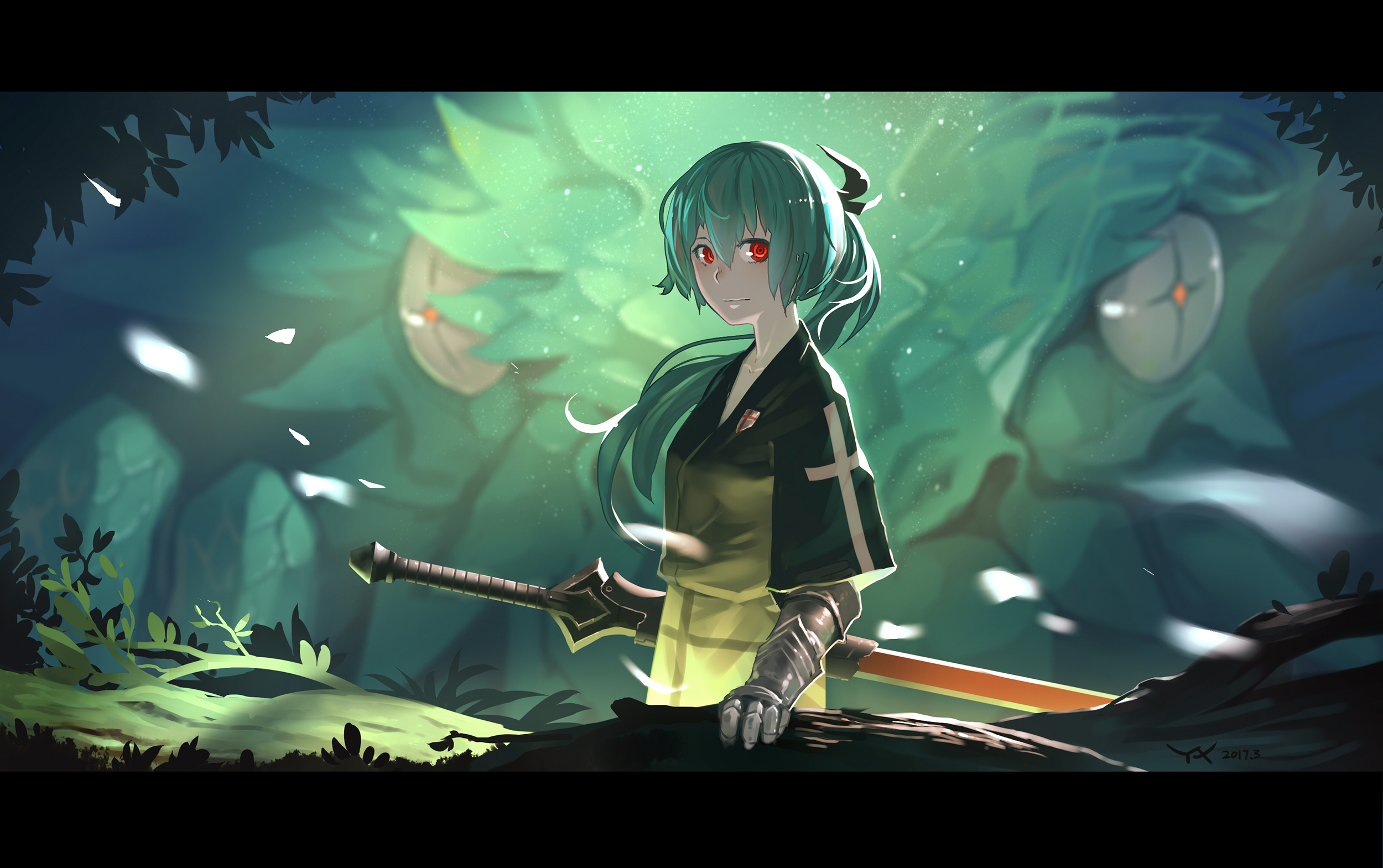 Download Sword Beast Red Eyes Green Hair Anime Original HD Wallpaper by 夕食