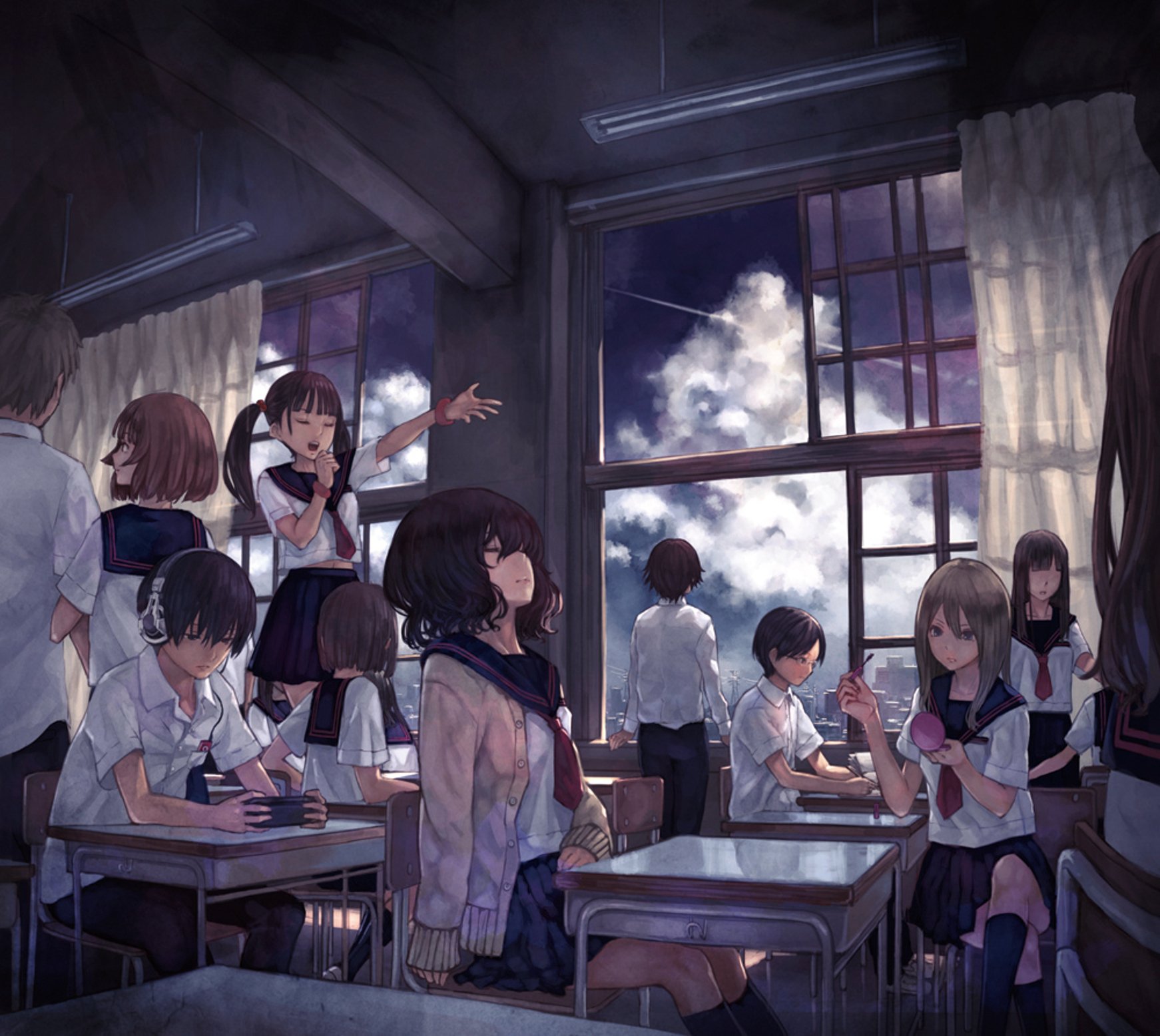 Download Cloud Sky Classroom School Uniform Long Hair Short Hair Anime ...