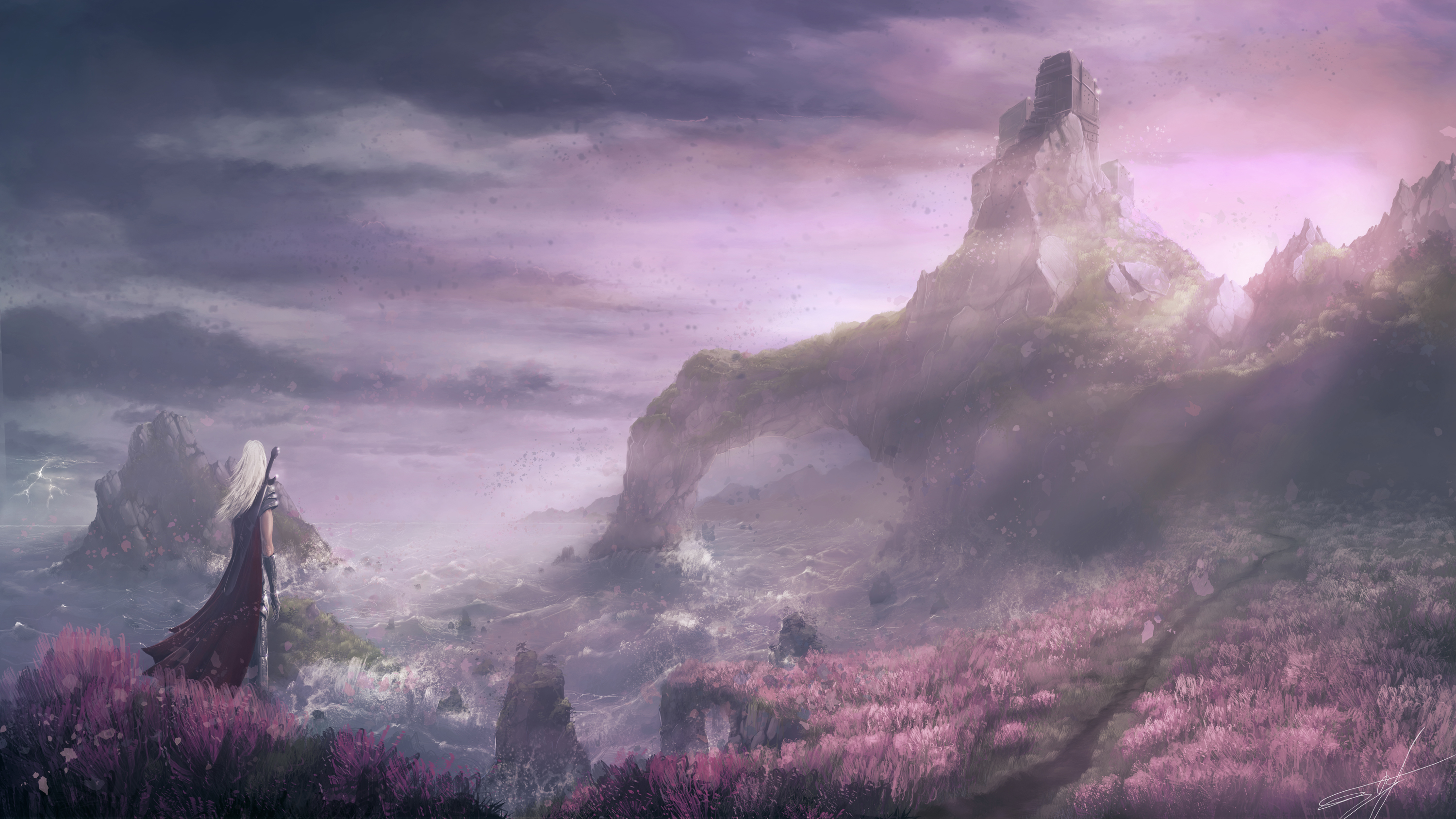 White-Haired Warrior by the Ocean Arch: A Majestic Fantasy Castle ...