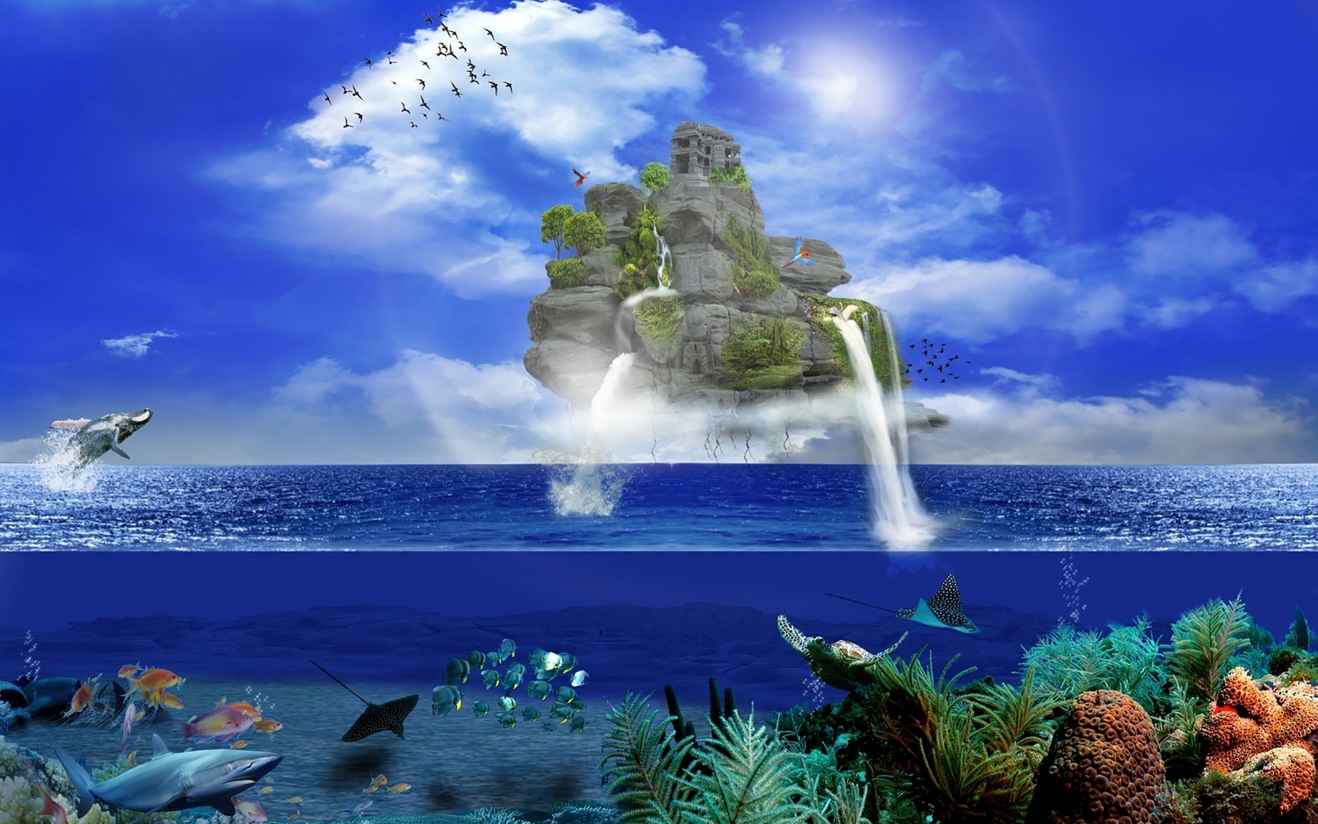 Fantastical Ocean Waterfall: Vibrant Underwater Life HD Wallpaper