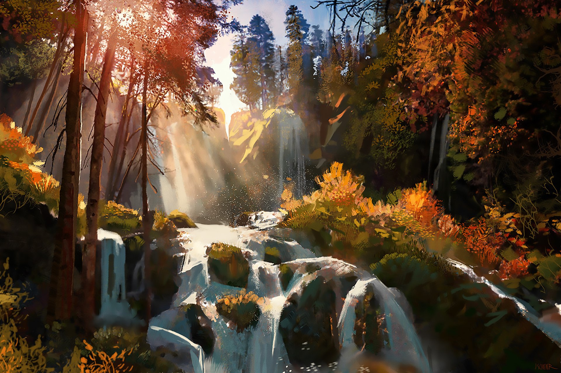 Autumn Sunlit Waterfall: A Fantasy Leafy Forest HD Wallpaper by Jason ...