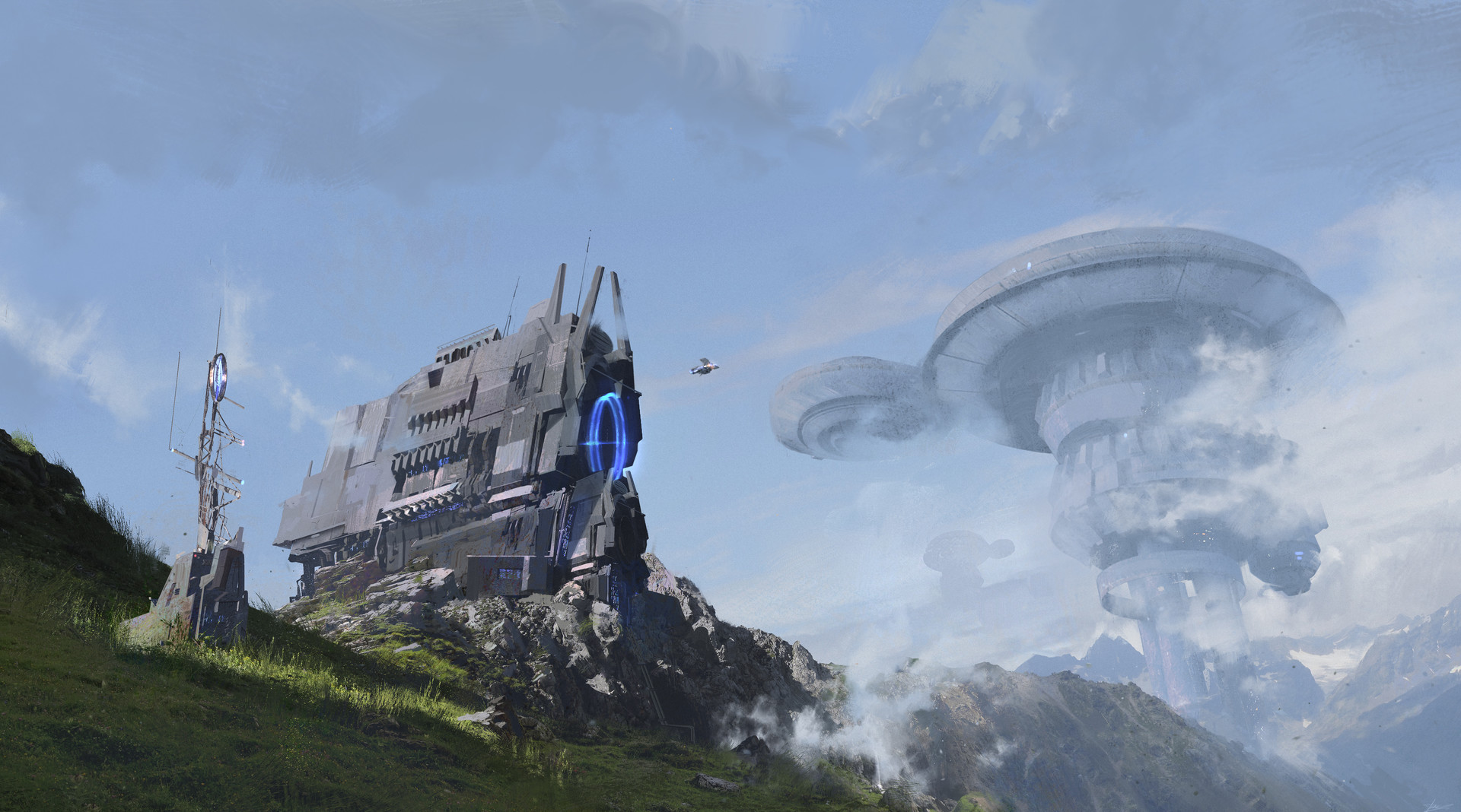 Download Mountain Cloud Sci Fi Building Wallpaper by Pablo Dominguez