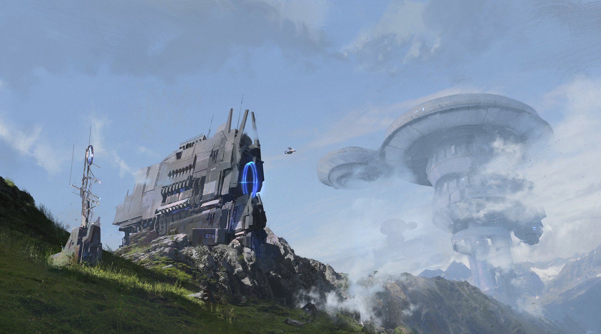 Download Mountain Cloud Sci Fi Building Wallpaper by Pablo Dominguez