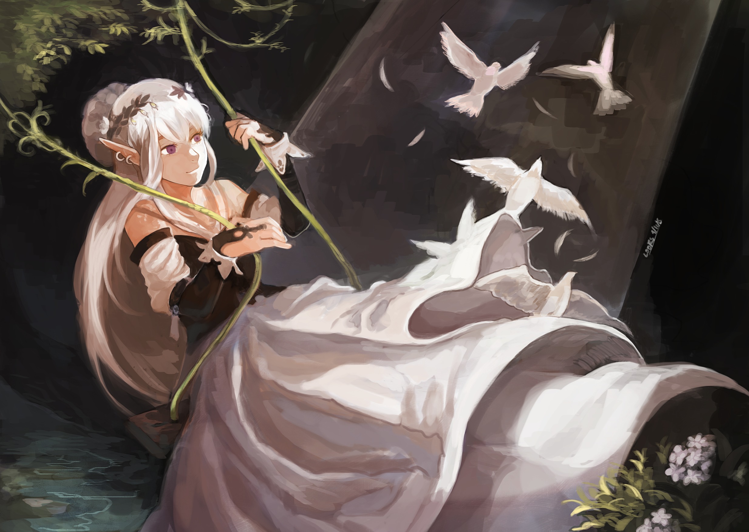 Download Purple Eyes Swing Long Hair White Hair Pointed Ears Dress Bird ...