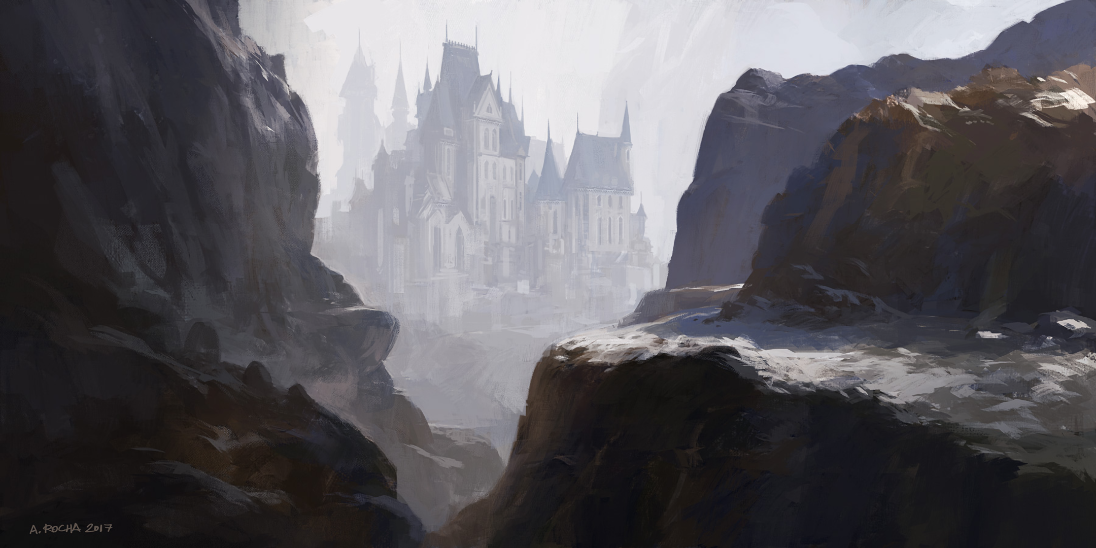 Download Mountain Fantasy Building HD Wallpaper by Andreas Rocha