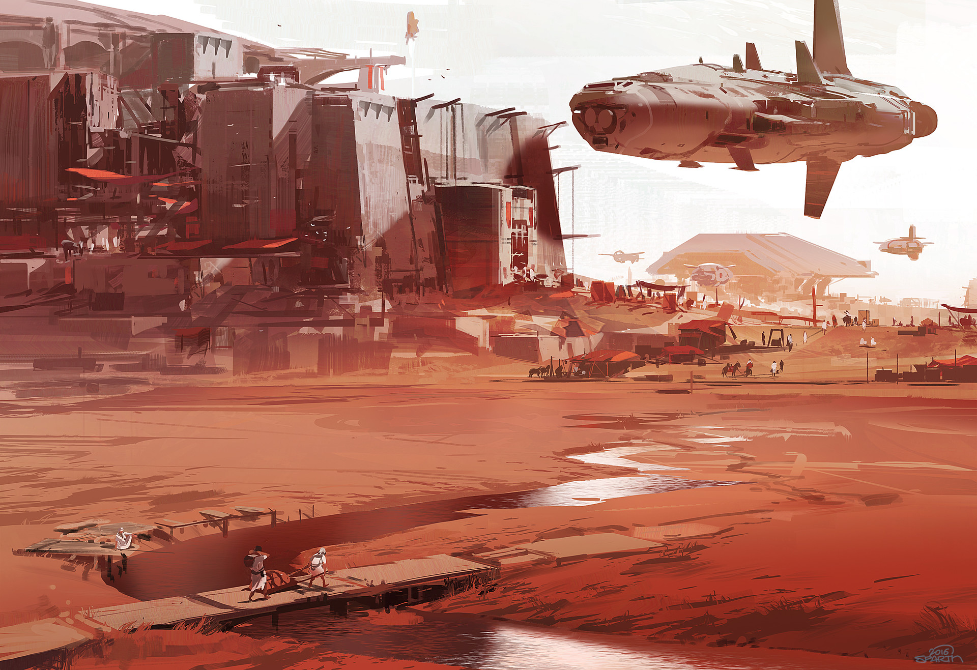 Desert Outpost: Sci-Fi Spaceship Arrival HD Wallpaper by Sparth