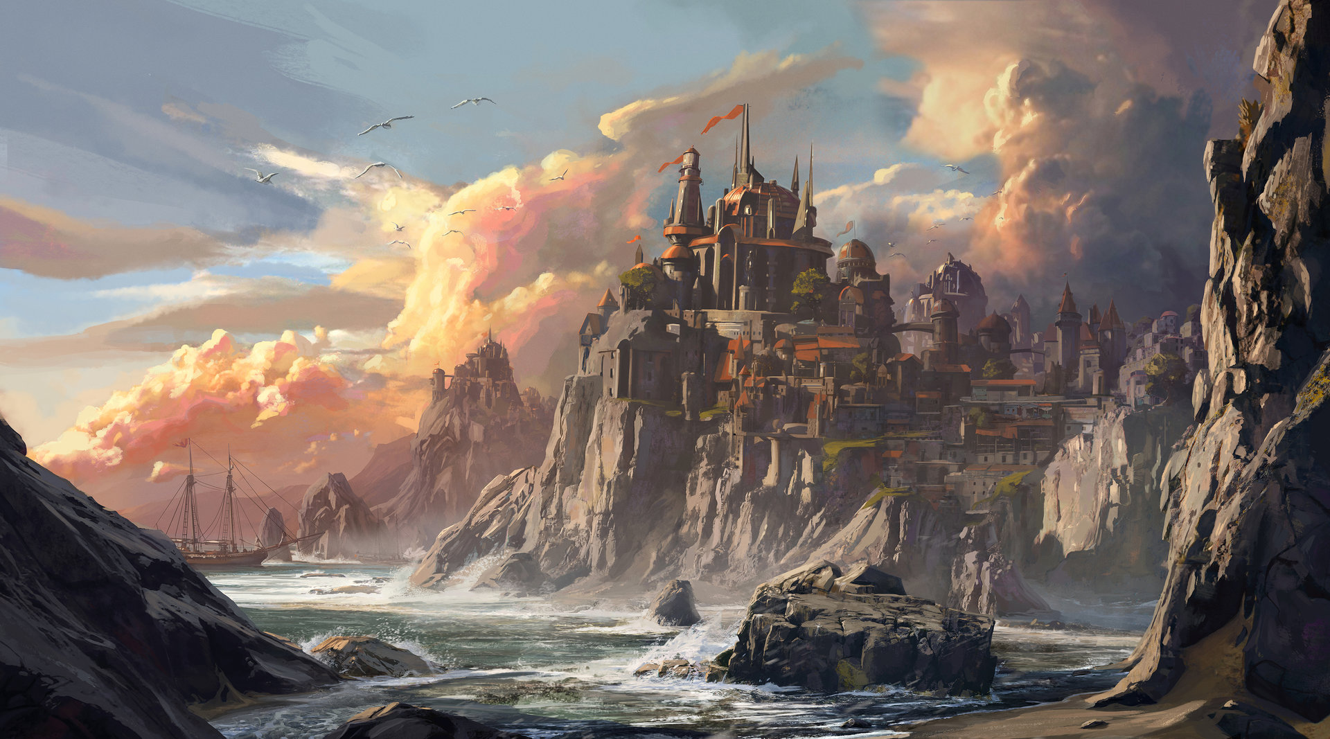 Fantasy Coastal Castle City - HD Wallpaper by Jedd Chevrier