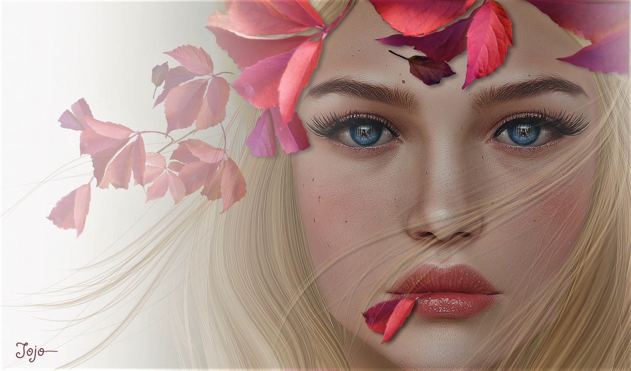 Download Blue Eyes Face Fall Leaf Blonde Fantasy Woman HD Wallpaper by Jojo