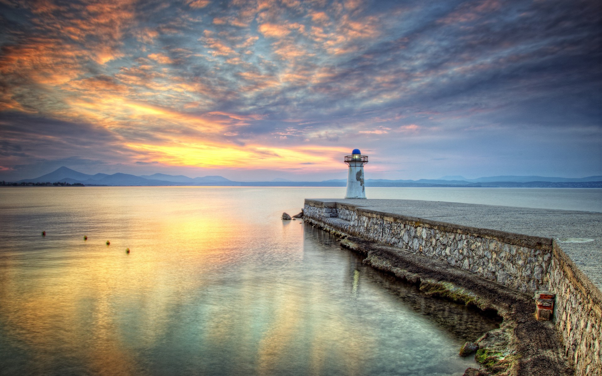 Download HDR Sunset Sea Ocean Man Made Lighthouse HD Wallpaper
