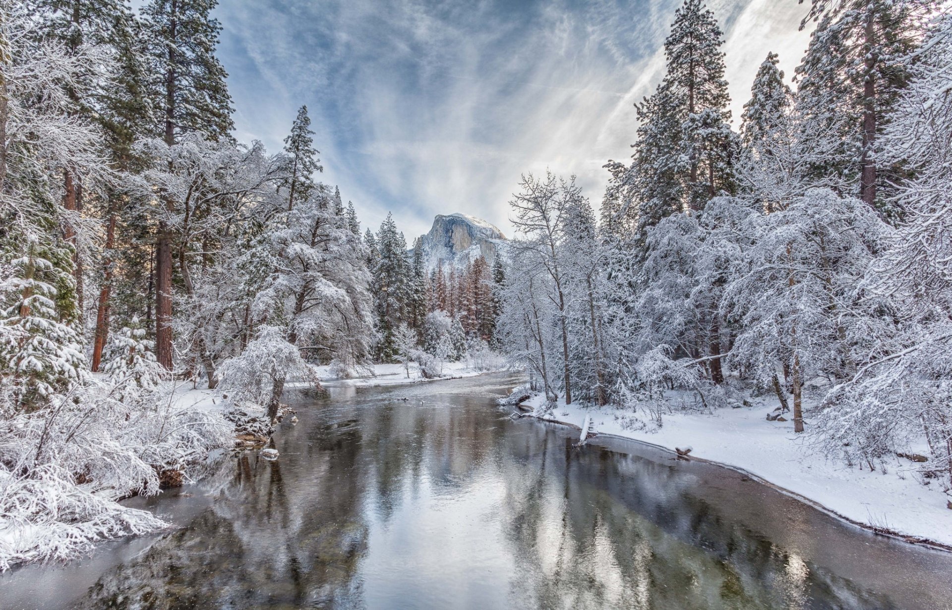 Winter Serenity: Snow-Covered Forest River HD Wallpaper