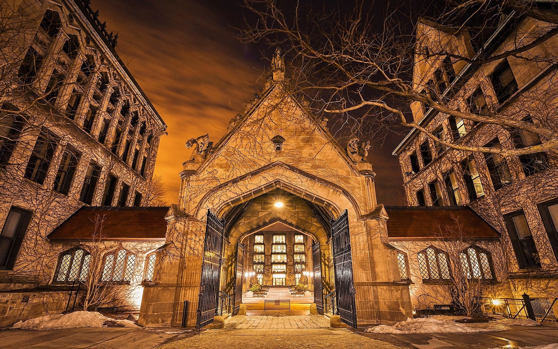 Radiant Nightfall: HD Church Architecture Illuminated in Warm Light