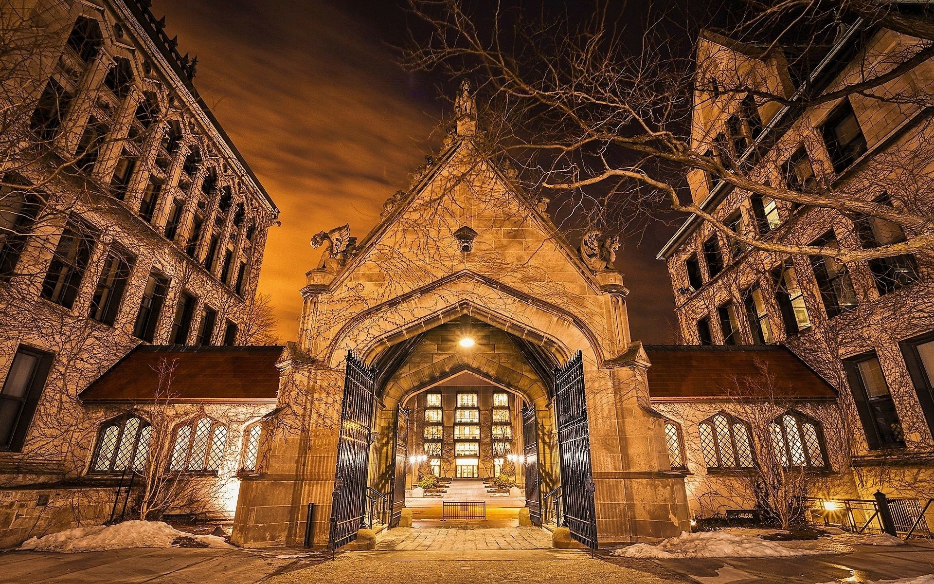Radiant Nightfall: HD Church Architecture Illuminated in Warm Light