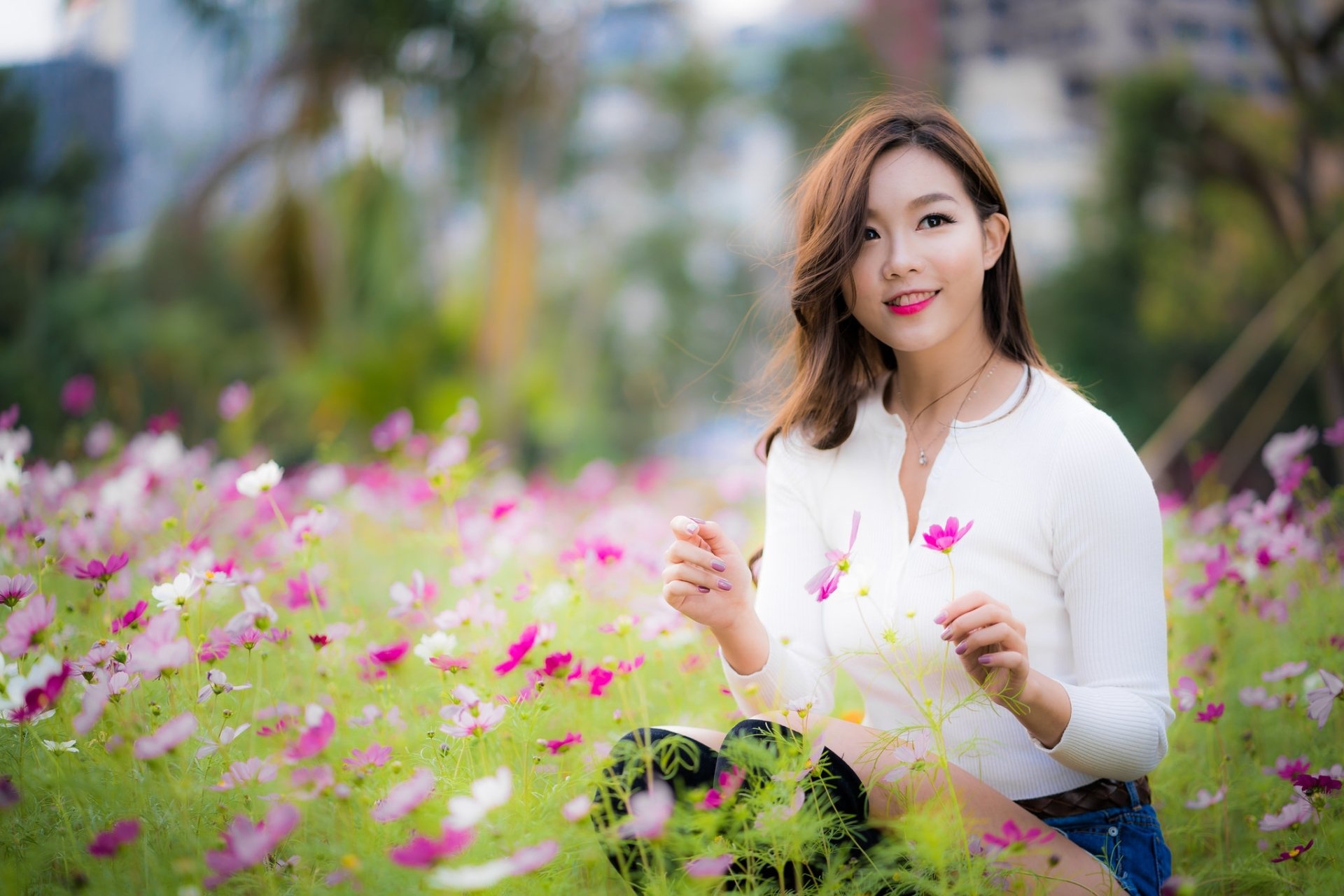 Download Brown Eyes Depth Of Field Flower Brunette Smile Model Woman ...