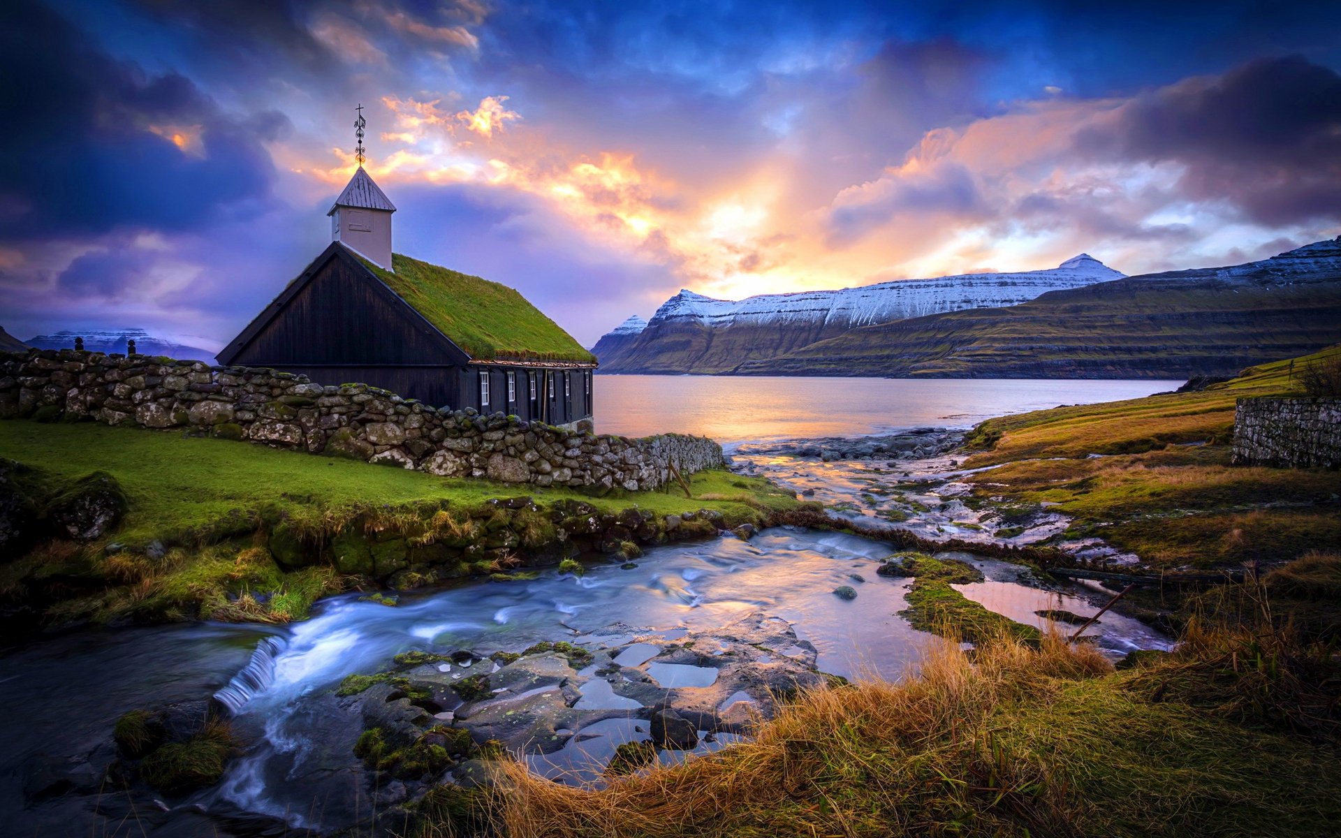 Serene Sunset Over Lakeside Mountain Church – HD Religious Wallpaper ...