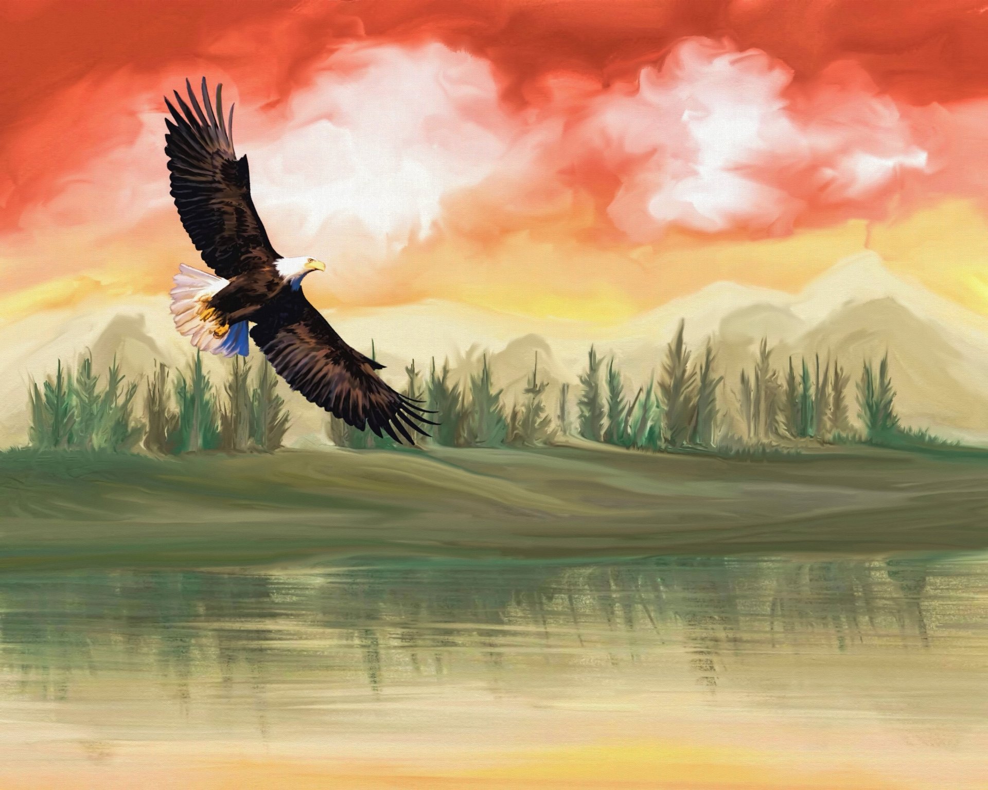 Majestic Bald Eagle Soars Over Serene 4K Landscape Painting by natureworks