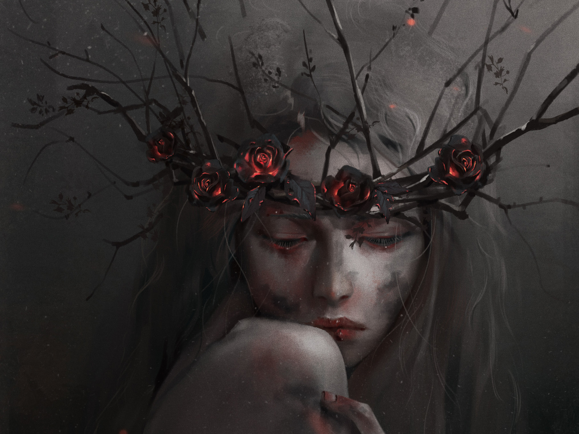 Sad Fantasy Woman with Rose Wreath - HD Wallpaper by Midfinger