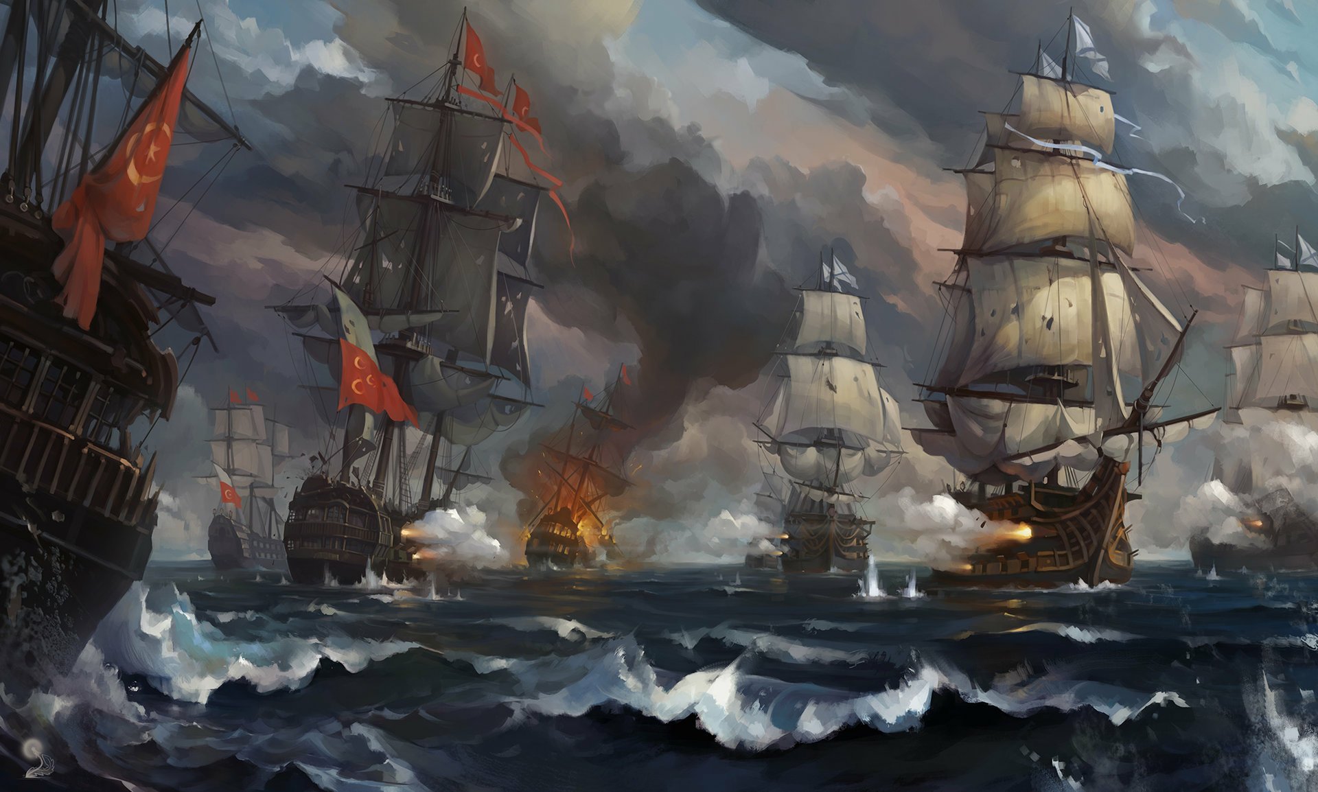 Epic Fantasy Sea Battle: Waves Clash with Mighty Ships | HD Wallpaper ...