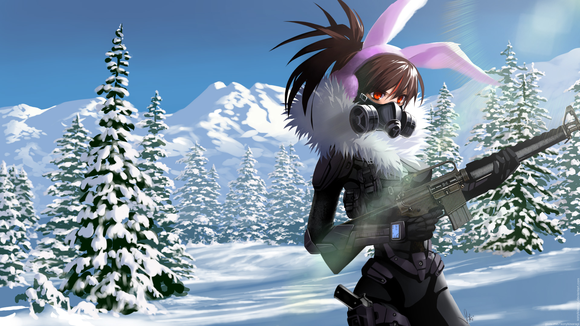 Snowbound Sentinel: Anime Girl with Gun in Winter Wonderland HD Wallpaper