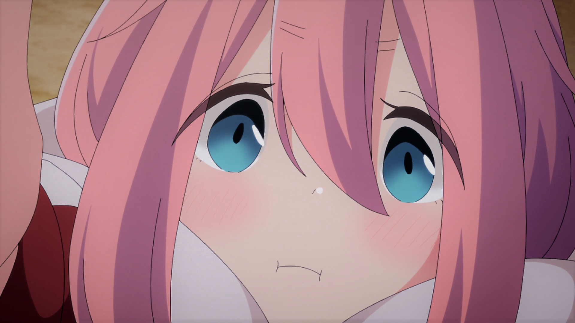 Laid-Back Camp HD: Nadeshiko's Blushing Pink Hair & Blue Eyes Close-Up ...