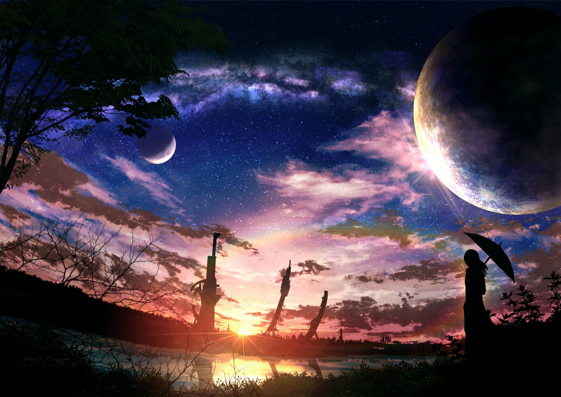 Anime Moonlit Sunset HD Wallpaper by クメキ
