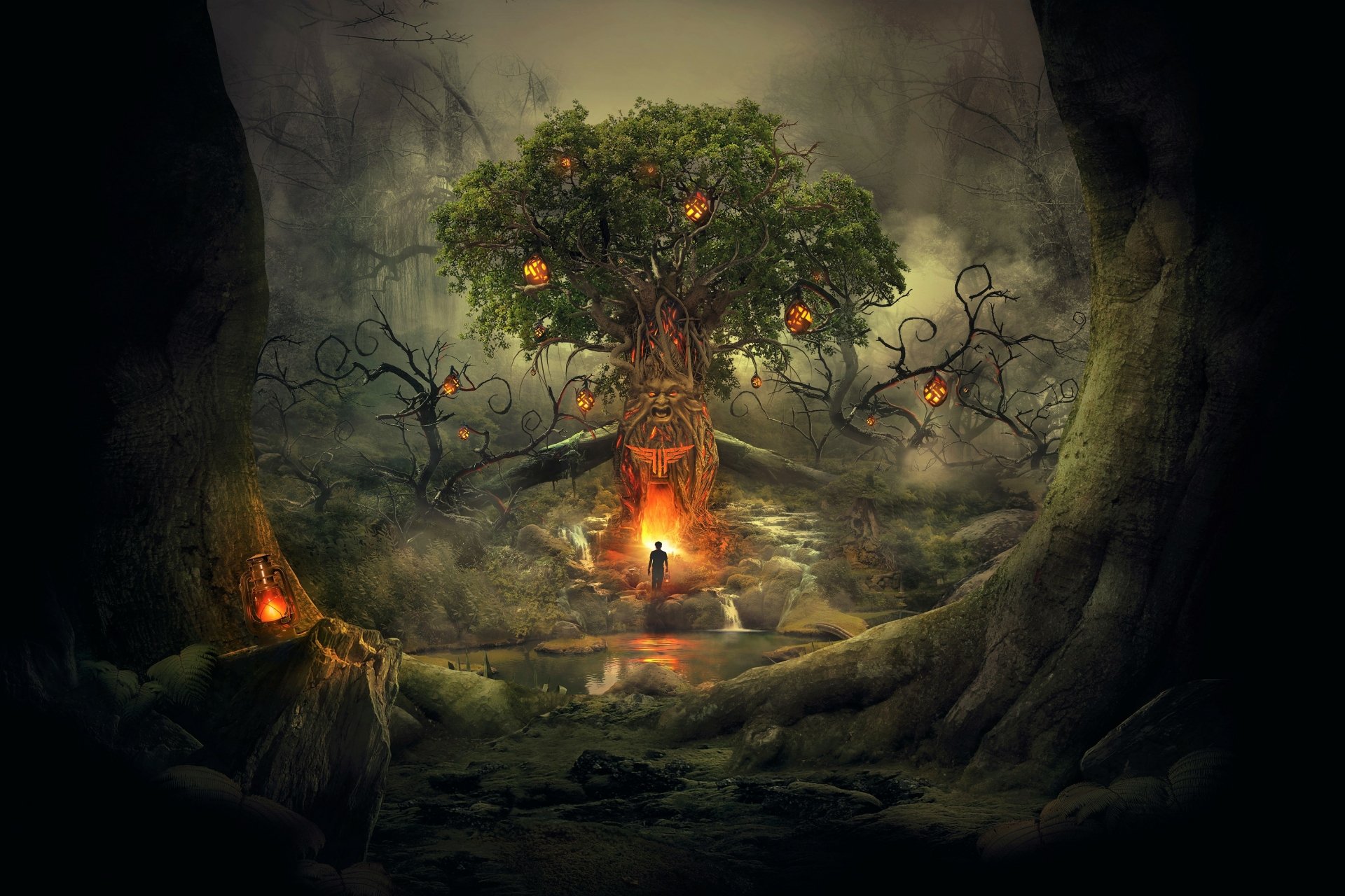 Enchanted Fire Tree: A Fantasy HD Wallpaper