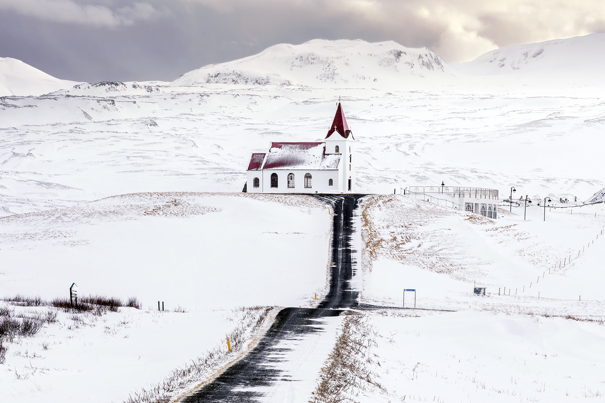 Download Landscape Building Snow Winter Road Religious Church HD Wallpaper