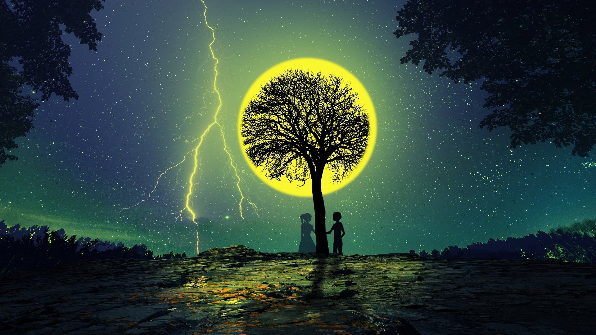 Download Lightning Tree Moon Night Couple Anime Love Anime Couple Anime ...