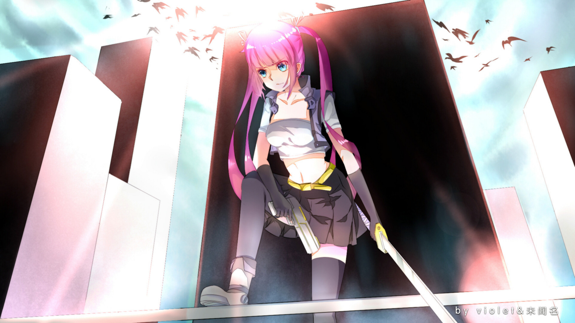 Download Woman Warrior Pistol Gun Blue Eyes Pink Hair Sword Anime ...