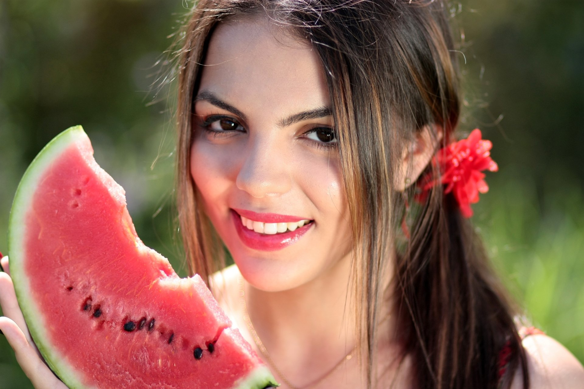 Download Brown Eyes Watermelon Brunette Lipstick Smile Model Woman Face ...