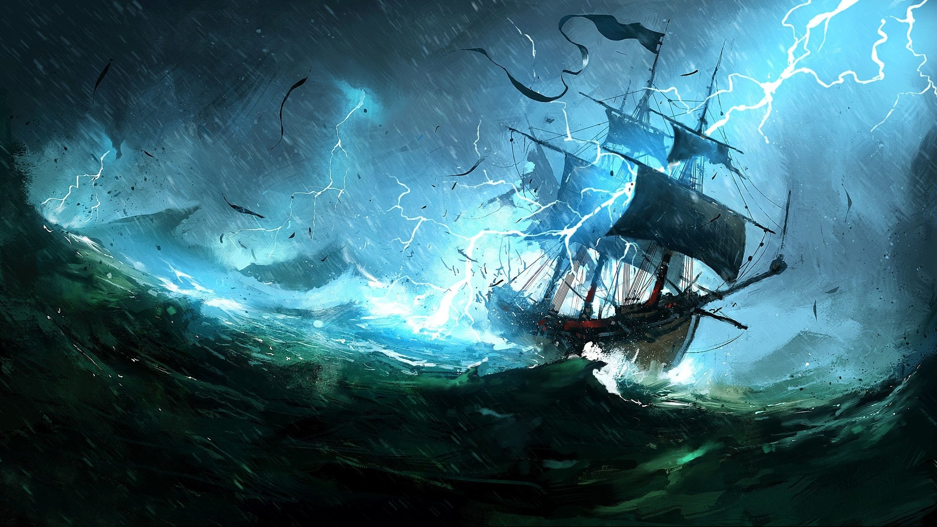 Stormbound: The Lightning-Swept Fantasy Ship HD Wallpaper by Dominik Mayer