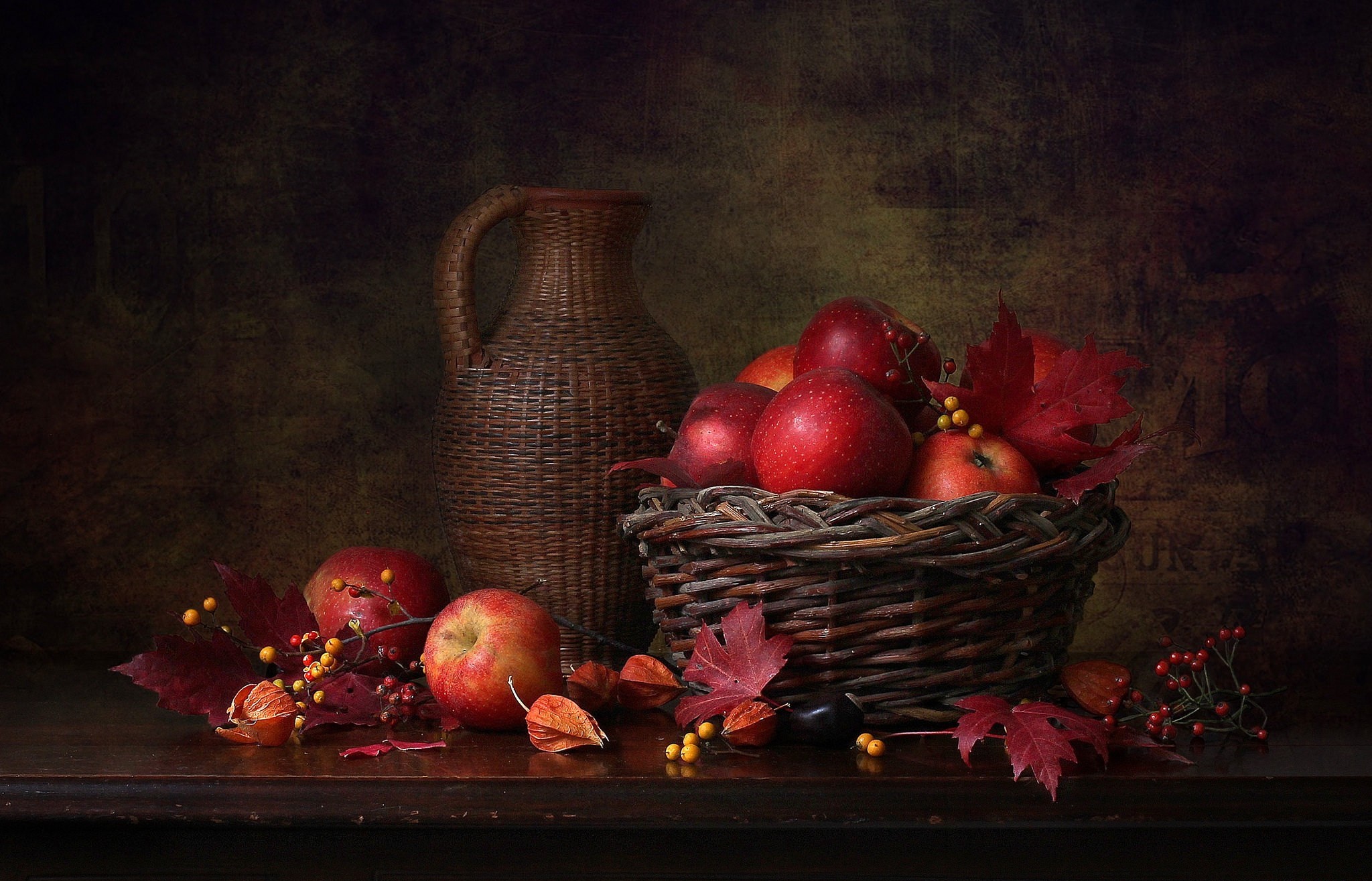 Harvest Glow: Still Life Apples in Woven Basket HD Wallpaper